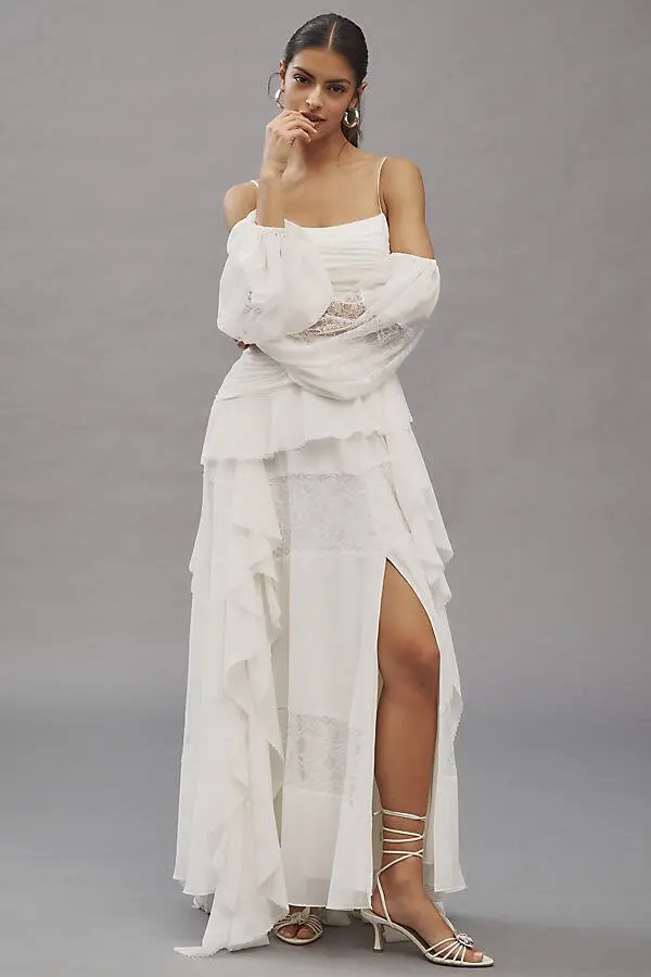 white christmas dresses Floral Frill Trim Flounce Sleeve Plunge Maxi Dress – Charming Charlie main image 0