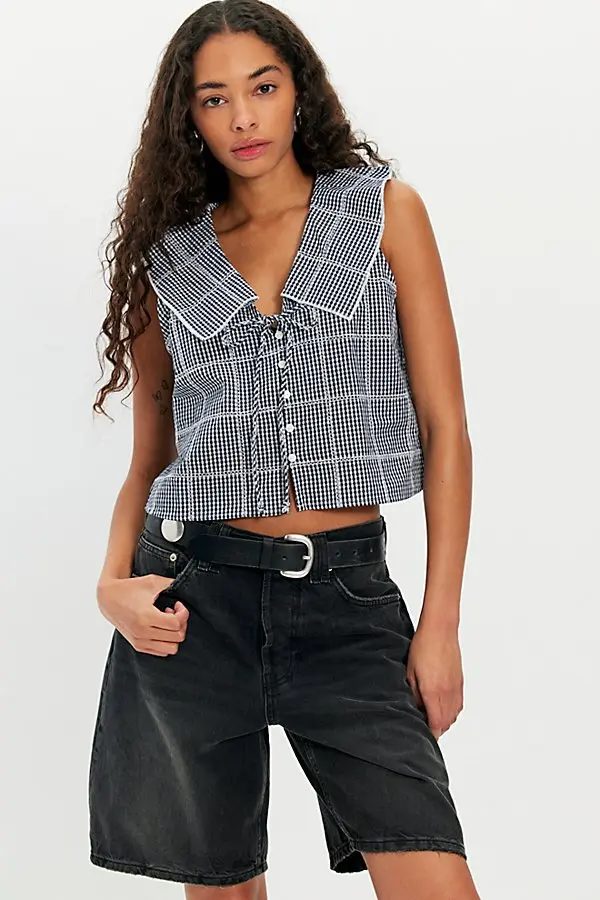 Free People Plaid Cropped Top - Navy Combo