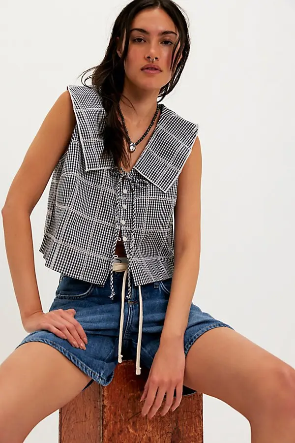 Free People Plaid Cropped Top - Navy Combo
