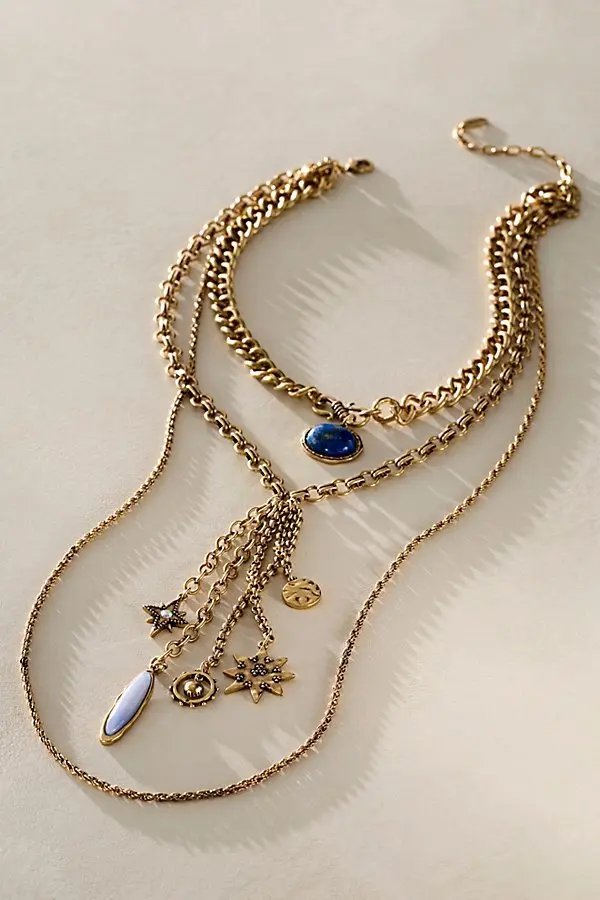 Free People Tate Layer Necklace - Gold Stars Charms/lapis