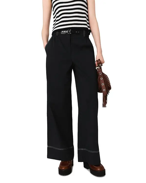 Maje Cotton Trousers With Leather Belt - Navy