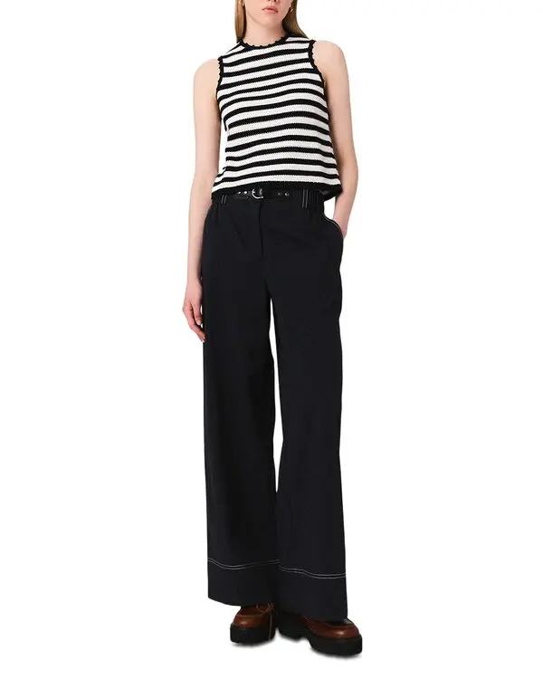 Maje Cotton Trousers With Leather Belt - Navy