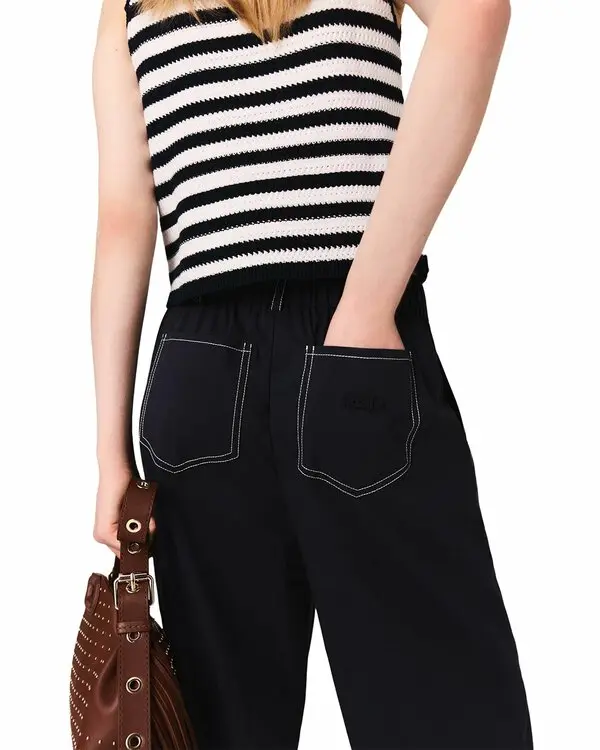 Maje Cotton Trousers With Leather Belt - Navy