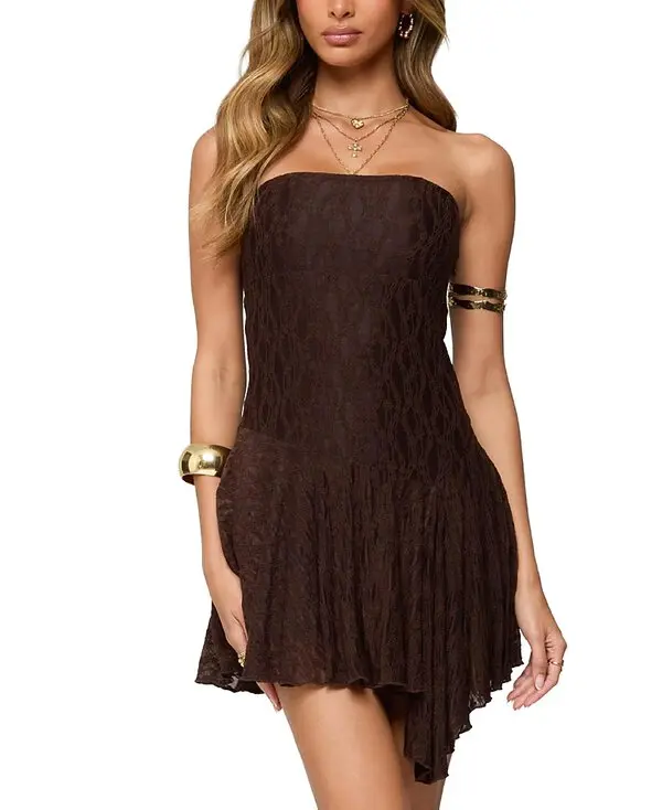 EDIKTED Elaia Asymmetric Strapless Lace Mini Dress - Brown