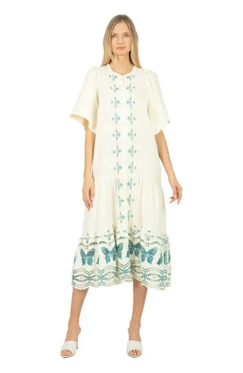 SECRET PON-PON Marcella Dress - Crème & Multi Blue Embroidery