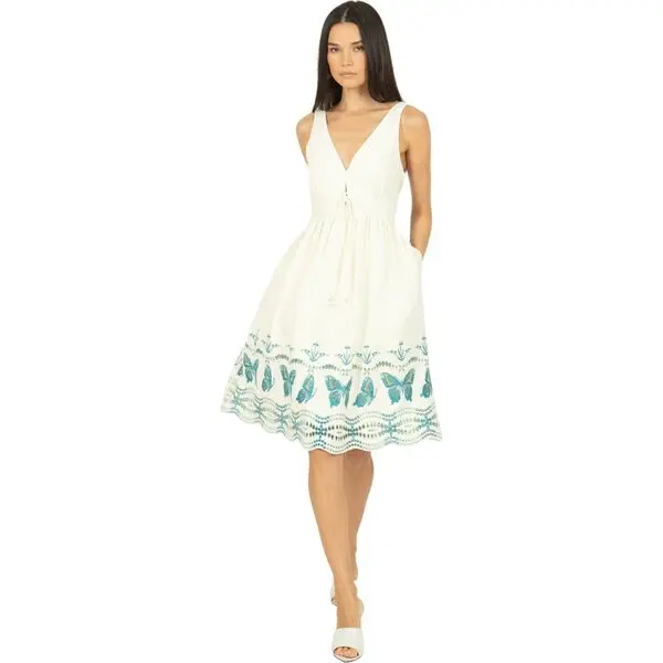 SECRET PON-PON Verona A-line Dress - Crème & Multi Blue Embroidery