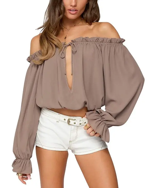 EDIKTED Juna Off-shoulder Ruffle Chiffon Top