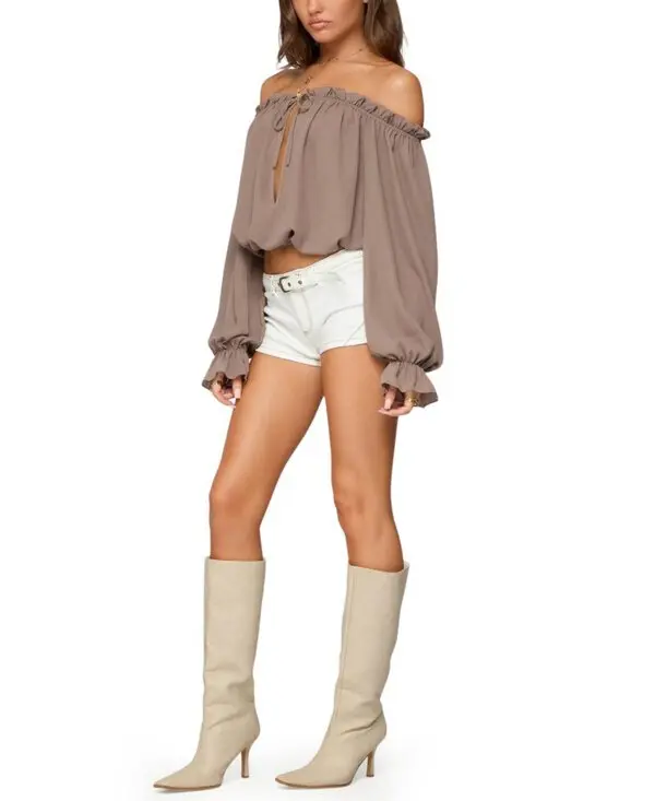 EDIKTED Juna Off-shoulder Ruffle Chiffon Top