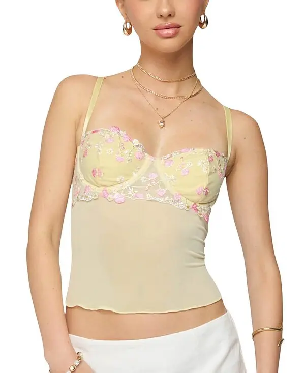 EDIKTED Embroidered Floral Sheer Bra Top - Yellow