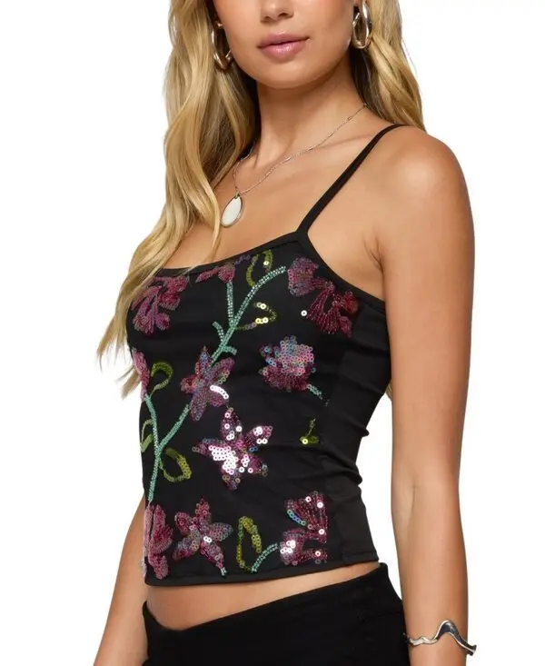EDIKTED Beaded Floral Embroidered Tank Top - Black