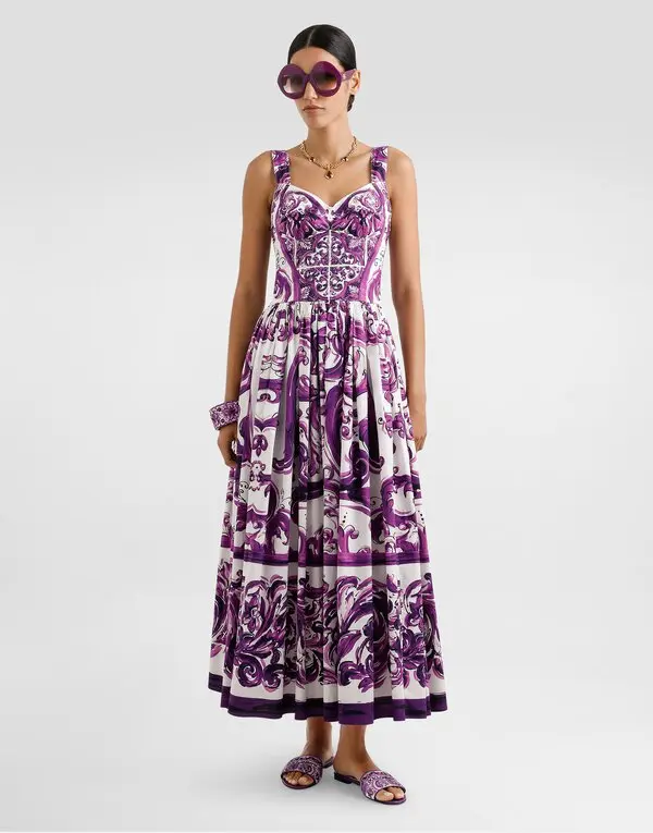 Dolce Gabbana Long Poplin Majolica Print Dress Multicolor