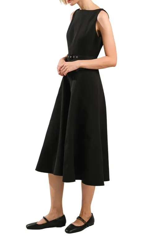 FREEMARKET Seamed Sleeveless Belted Fit & Flare Dress