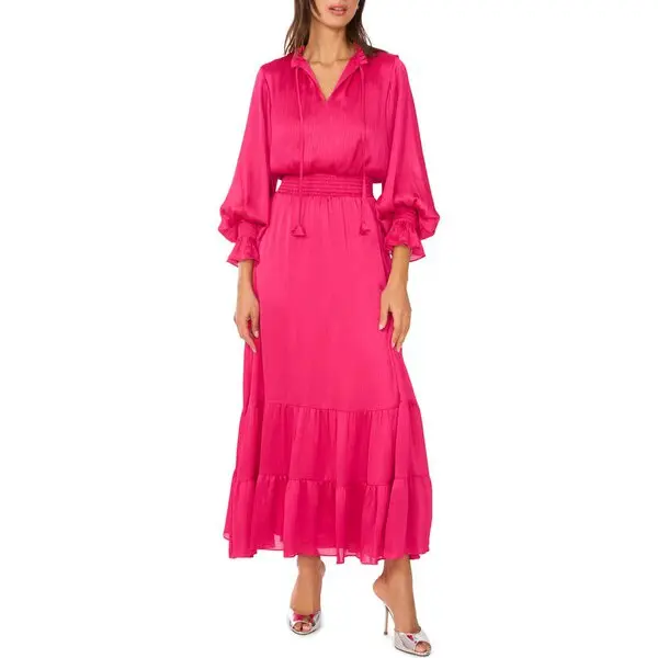 Vince Camuto Crinkle Metallic Long Sleeve Tiered Maxi Dress - Beetroot Pink