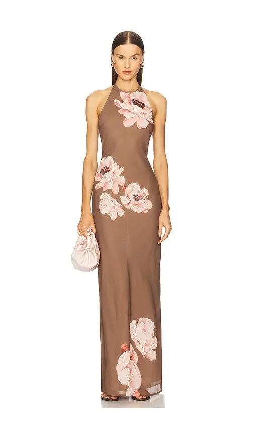SAU LEE Gwyneth Halterneck Maxi Dress With Floral Print - Mocha Multi