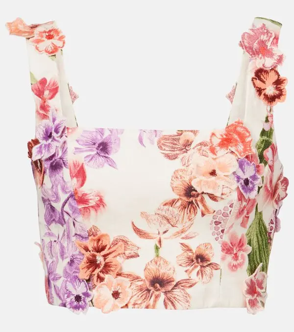 Agua Bendita Amanda Floral-appliqué Linen Crop Top - Multicoloured