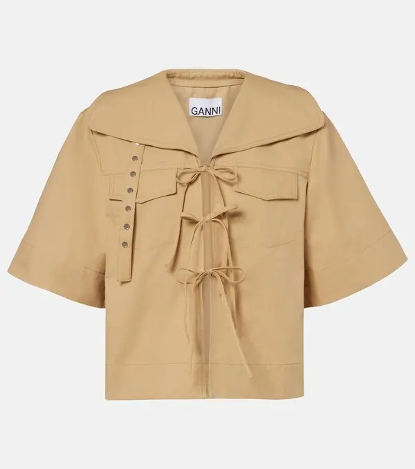 GANNI Bow-detailed Cotton-linen Top - Beige