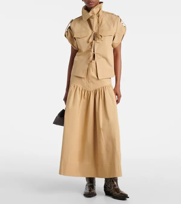 GANNI Bow-detailed Cotton-linen Top - Beige