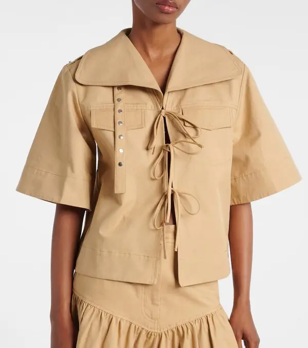 GANNI Bow-detailed Cotton-linen Top - Beige
