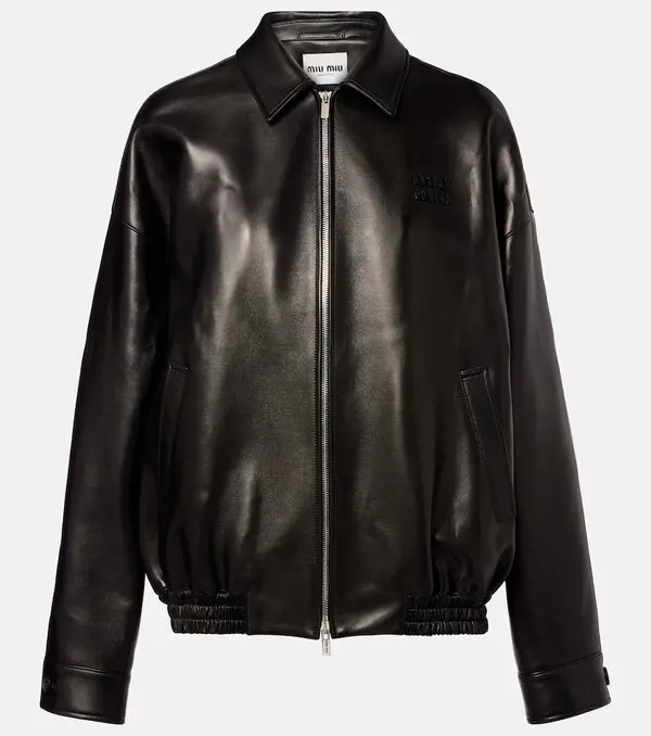 Miu Miu Logo Leather Bomber Jacket - Black