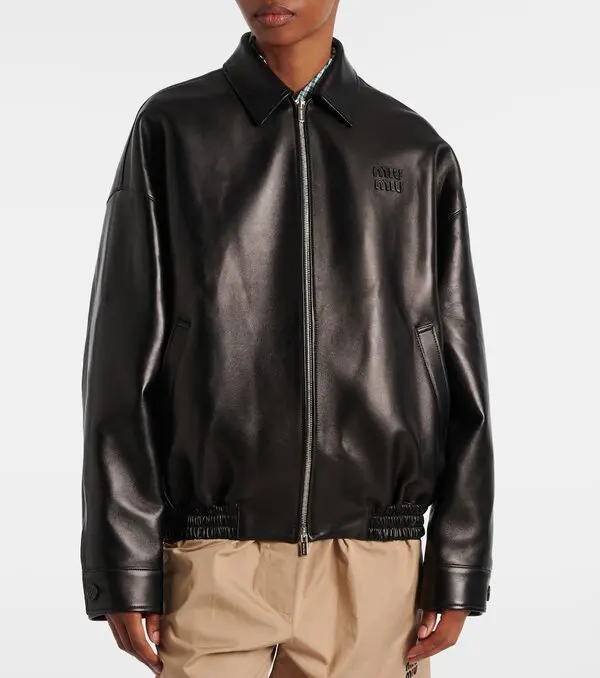 Miu Miu Logo Leather Bomber Jacket - Black