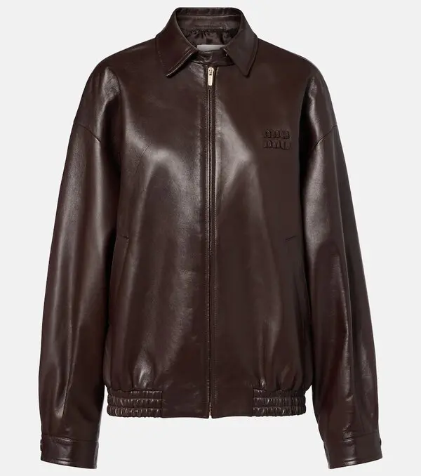 Miu Miu Logo Leather Bomber Jacket - Brown