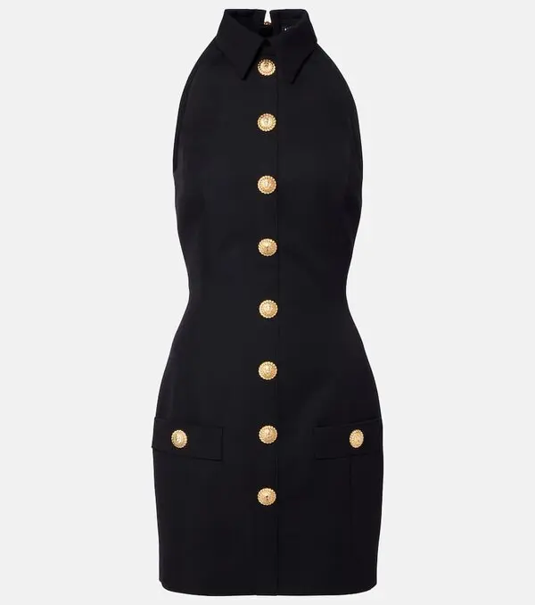 Balmain Halterneck Wool Grain De Poudre Minidress - Black