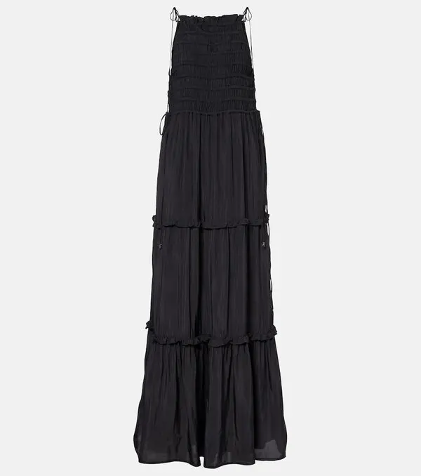 GANNI Smocked Tiered Maxi Dress - Black