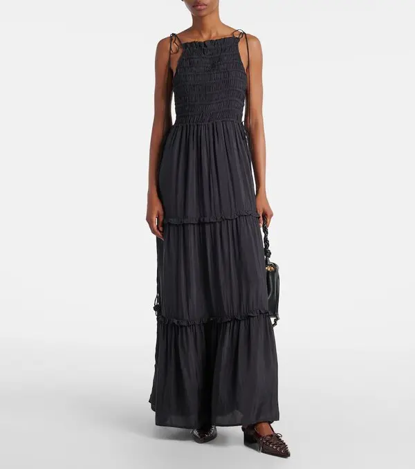 GANNI Smocked Tiered Maxi Dress - Black