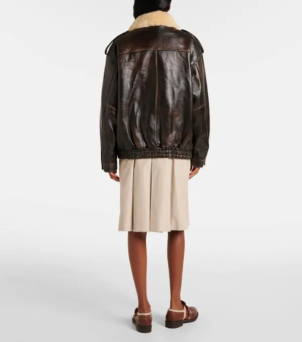 Miu Miu Logo Faux Shearling-trimmed Leather Jacket