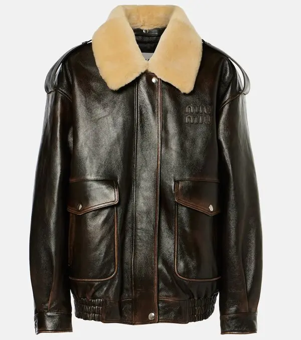 Miu Miu Logo Faux Shearling-trimmed Leather Jacket