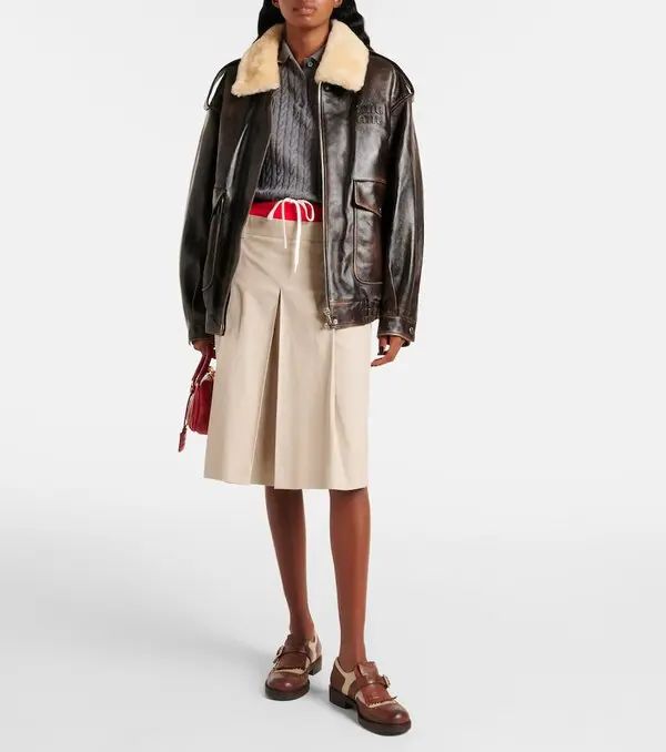Miu Miu Logo Faux Shearling-trimmed Leather Jacket