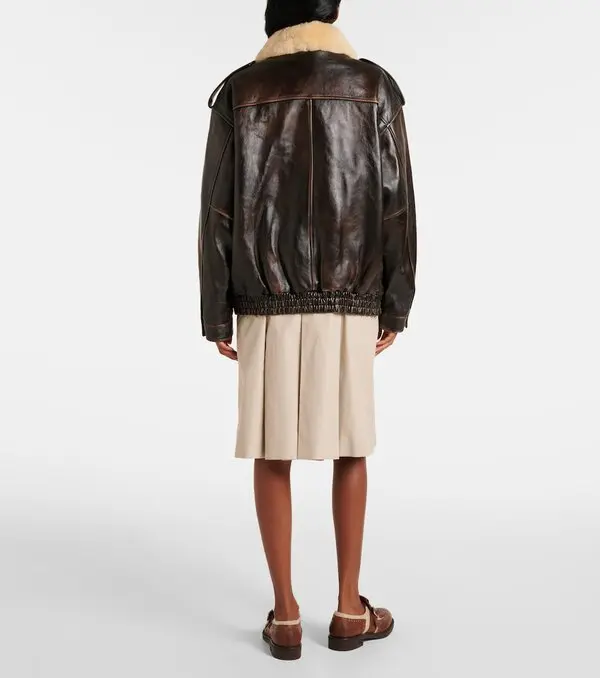 Miu Miu Logo Faux Shearling-trimmed Leather Jacket