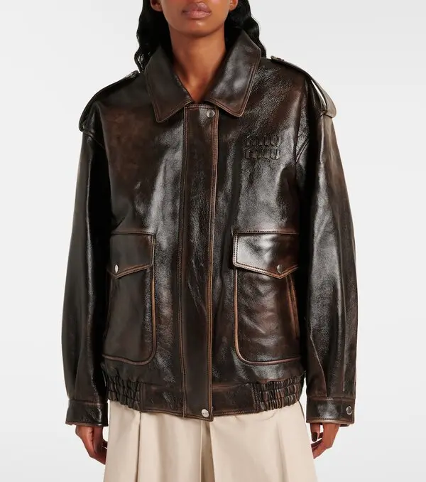 Miu Miu Logo Faux Shearling-trimmed Leather Jacket