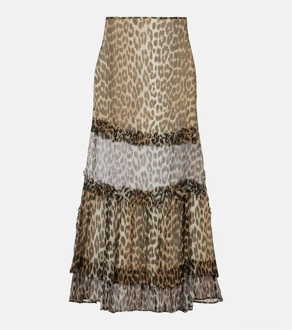GANNI Leopard-print Ruffled Chiffon Maxi Skirt - Brown