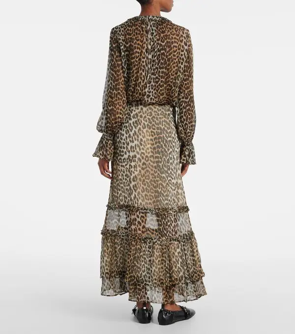 GANNI Leopard-print Ruffled Chiffon Maxi Skirt - Brown