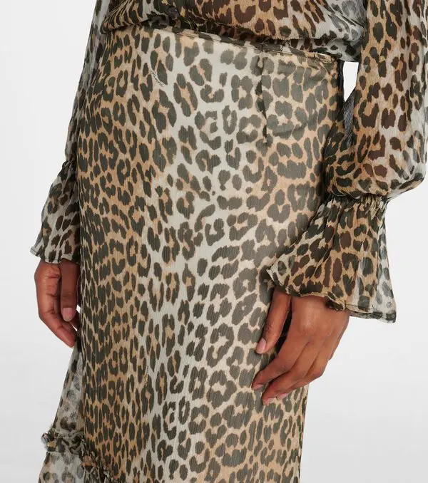GANNI Leopard-print Ruffled Chiffon Maxi Skirt - Brown