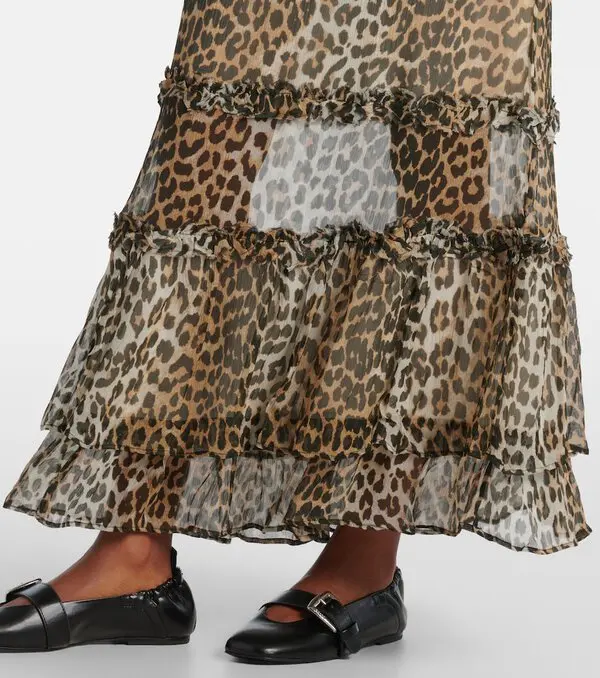 GANNI Leopard-print Ruffled Chiffon Maxi Skirt - Brown
