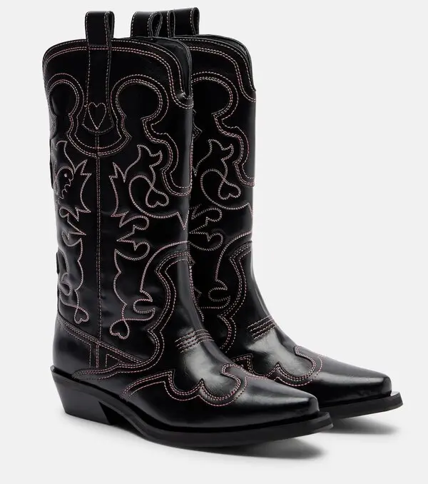GANNI Embroidered Cowboy Boots - Black