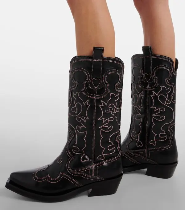 GANNI Mid Shaft Embroidered Cowboy Boots - Black