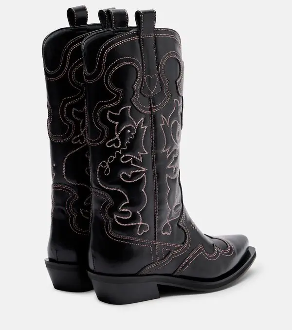 GANNI Mid Shaft Embroidered Cowboy Boots - Black