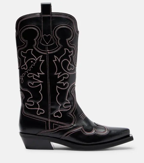 GANNI Mid Shaft Embroidered Cowboy Boots - Black