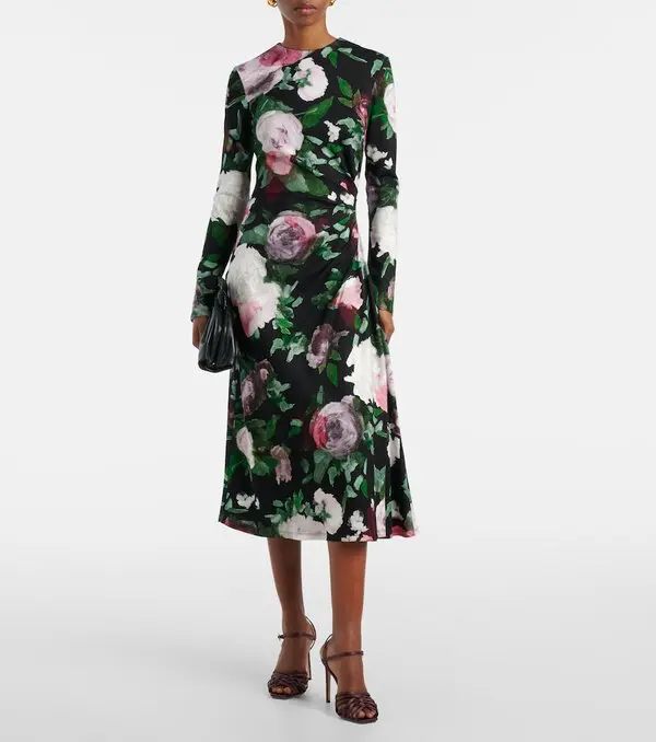 Erdem Draped Floral Midi Dress - Black