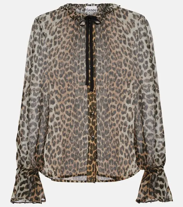 GANNI Leopard-print Chiffon Blouse With Tie-neck - Brown