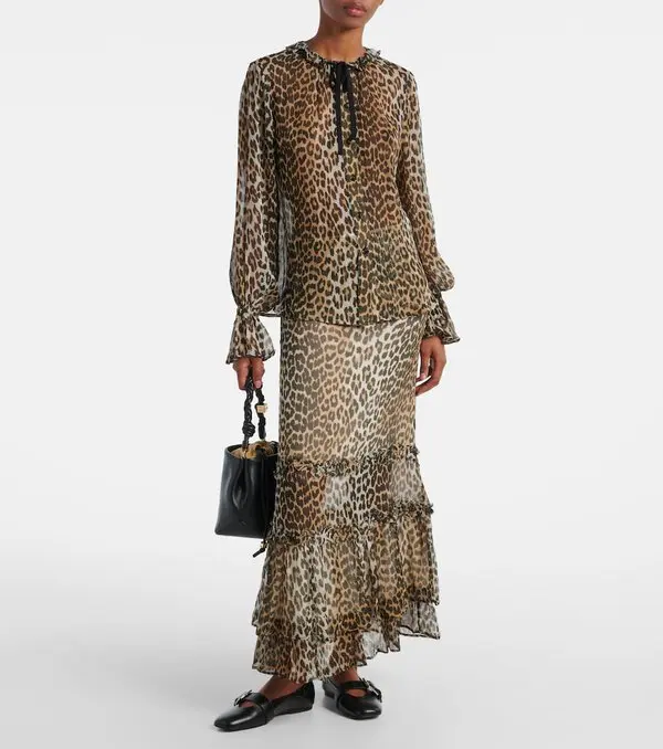 GANNI Leopard-print Chiffon Blouse With Tie-neck - Brown