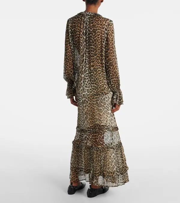 GANNI Leopard-print Chiffon Blouse With Tie-neck - Brown