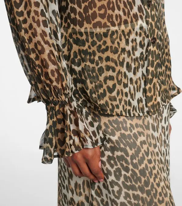 GANNI Leopard-print Chiffon Blouse With Tie-neck - Brown