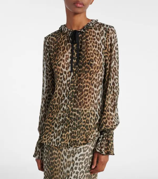 GANNI Leopard-print Chiffon Blouse With Tie-neck - Brown