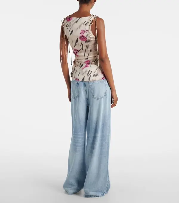 GANNI Floral Ruched Satin Top - Beige