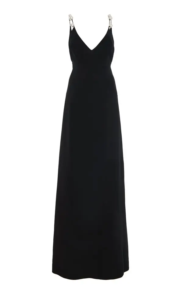 Monique Lhuillier A-line Wool-blend Gown With Pearl Straps - Black