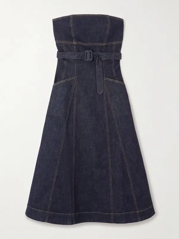 SELF-PORTRAIT Strapless Belted Denim Midi Dress